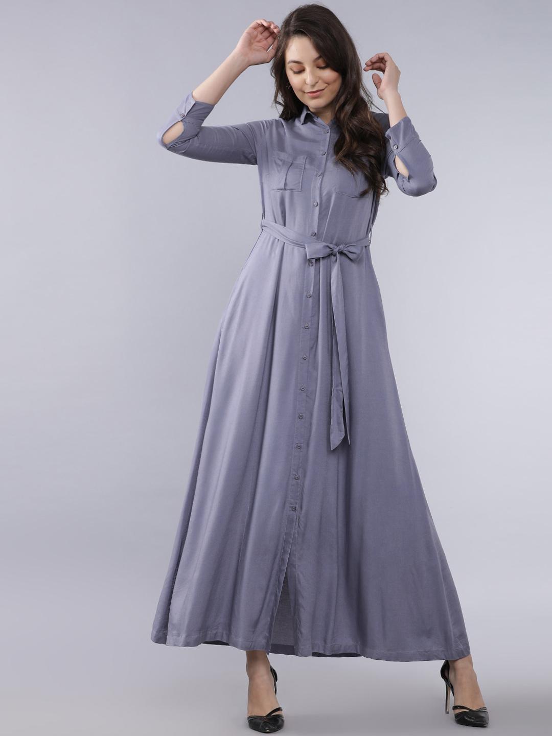 Buy Mumbai Slang Chic Women Grey Solid Maxi Dress With Tie Up Detail ...