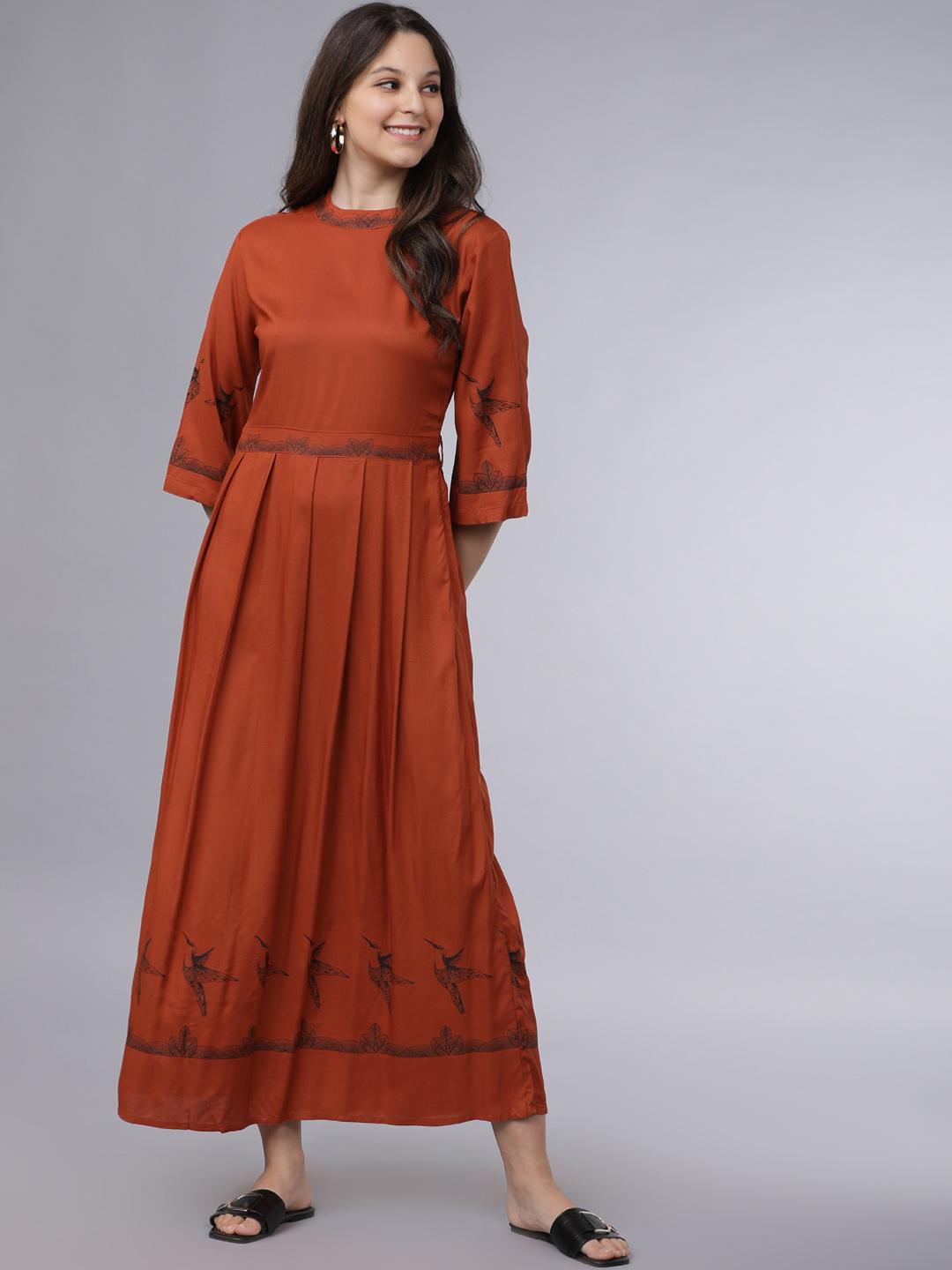 Buy Mumbai Slang Chic Women Rust Brown Solid Maxi Dress - Ethnic ...