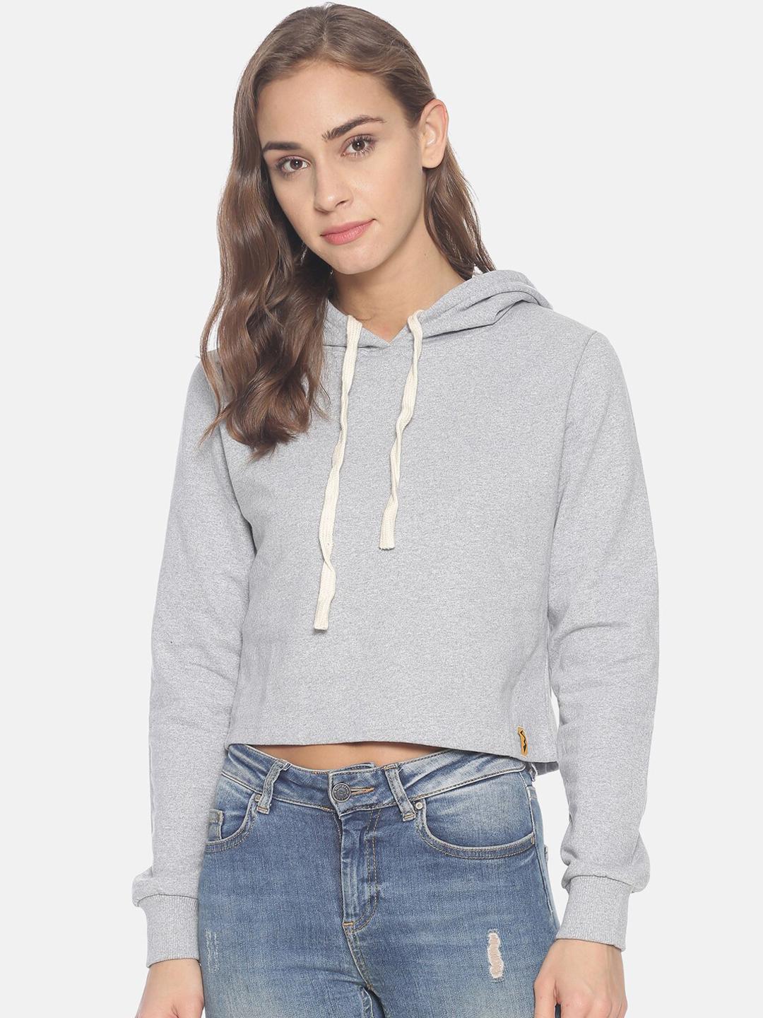 Buy PINACOLADA Women Grey Solid Hooded Crop Sweatshirt - Sweatshirts ...