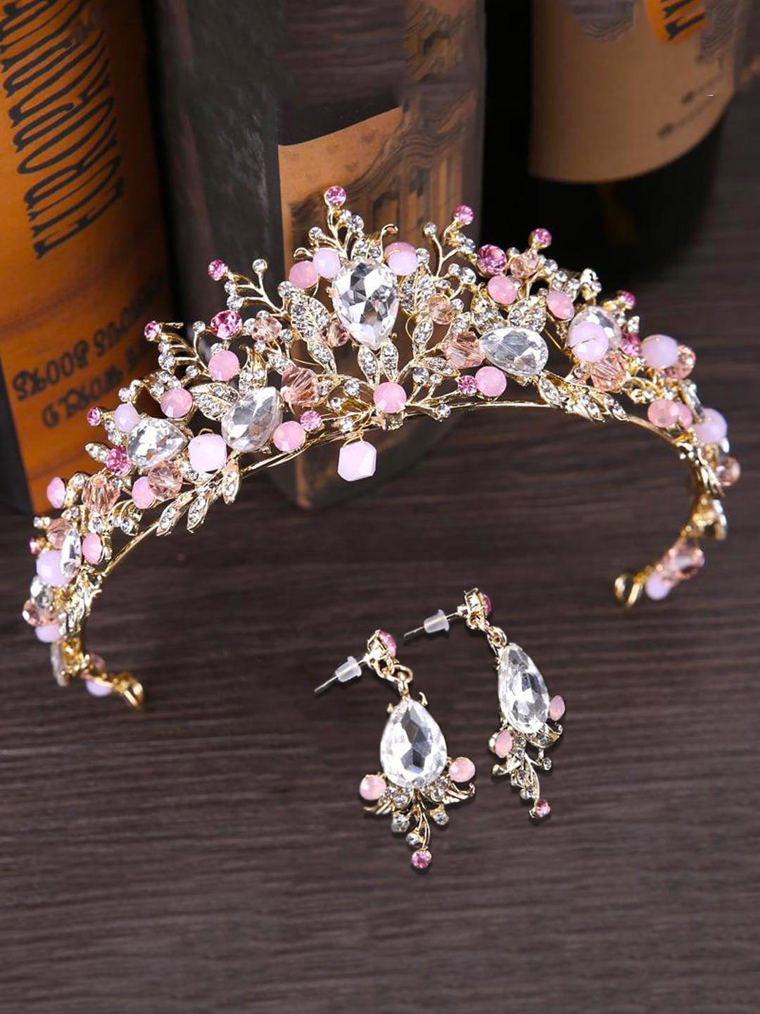 Buy Yellow Chimes Gold Studded Crystal Embellished Crown Tiara With ...