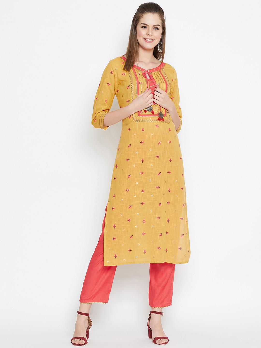 Buy Prakhya Women Yellow Embroidered High Slit Kurta With Trousers ...