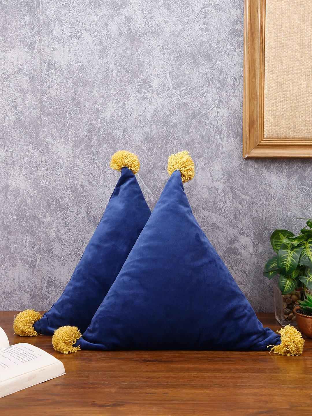 Buy Eyda Set Of 2 Blue Solid Super Soft Velvet Triangle Filled Cushions ...