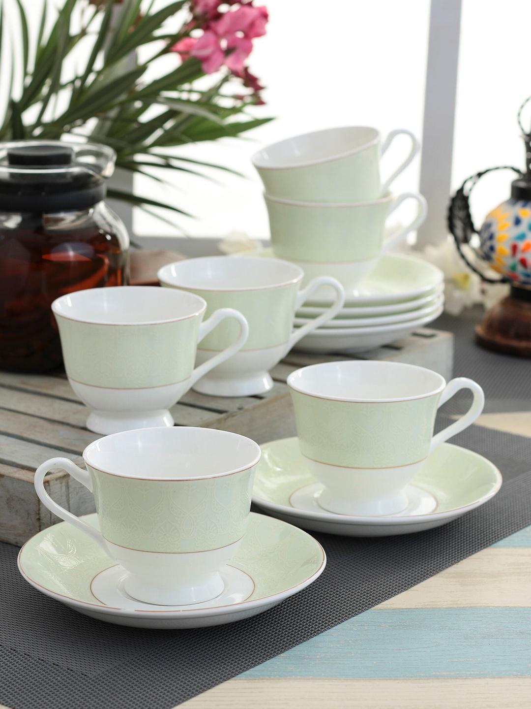 Buy CLAY CRAFT Set Of 12 White & Green Printed Cups & Saucers - Tea Set ...