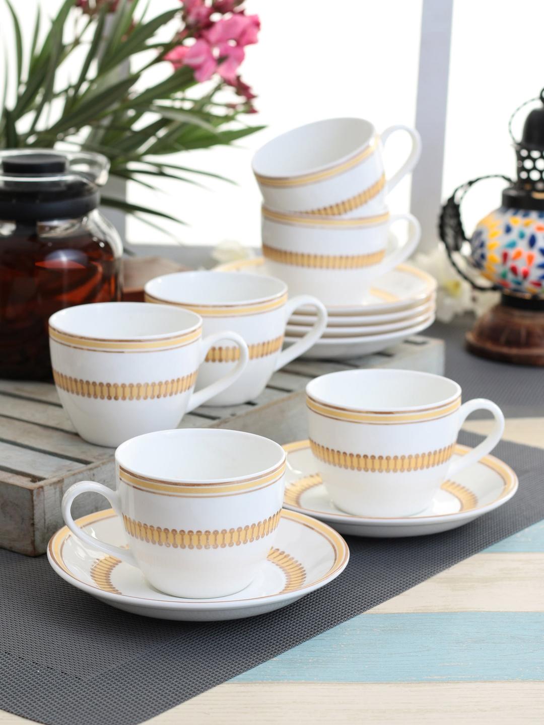 Buy CLAY CRAFT White & Gold Toned 12 Pieces Printed Ceramic Cups ...