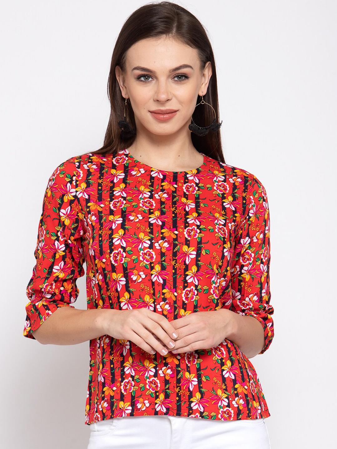 Buy Style Quotient Coral Orange Floral Printed Top - Tops for Women ...