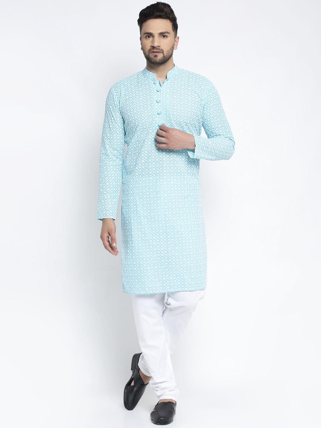 Buy Jompers Men Turquoise Blue & White Self Design Kurta With Churidar ...