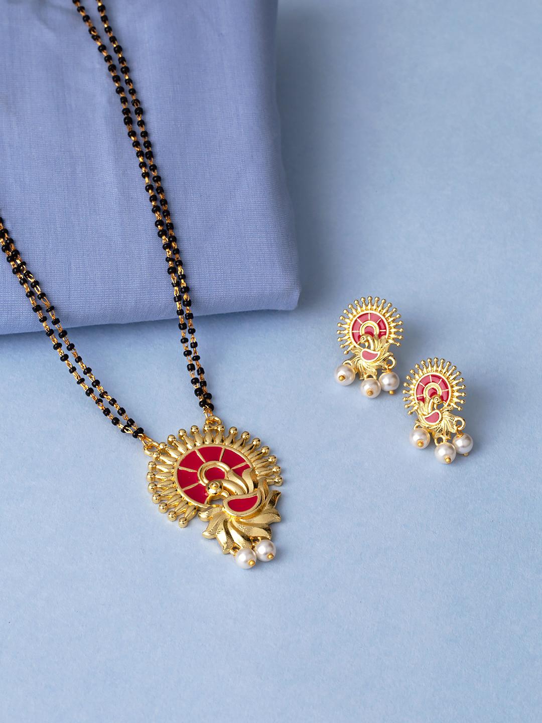 Buy Voylla Maroon & Black Gold Plated Beaded Mangalsutra With Earrings ...