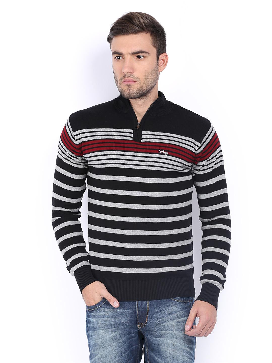 Buy Lee Cooper Men Black & Grey Striped Sweater - Sweaters for Men ...