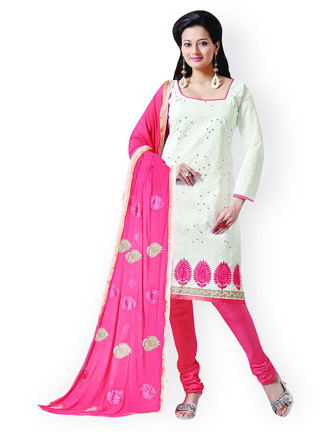 Buy Tele Trends White & Pink Embroidered Chanderi Unstitched Dress ...