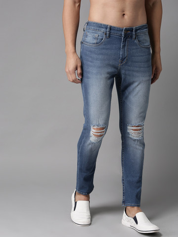60% OFF on HERE&NOW Men Blue Slim Tapered Fit Mid-Rise Slash Knee ...