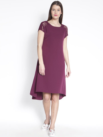 Buy RARE ROOTS Women Burgundy Solid A-Line Dress on Myntra | PaisaWapas.com