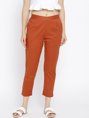 Buy AURELIA Women Rust Orange Regular Fit Solid Cropped Trousers on ...