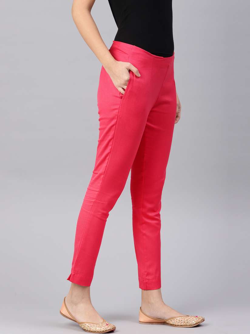 Buy Alena Women Coral Pink Slim Fit Solid Cropped Cigarette Trousers Trousers for Women 10180549 Myntra