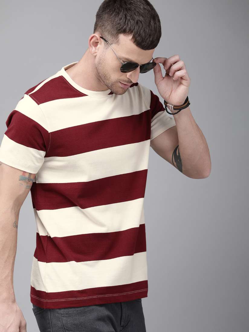 Buy Roadster Men Maroon Cream Coloured Striped Round Neck Pure Cotton T shirt Tshirts for Men 10920156 Myntra