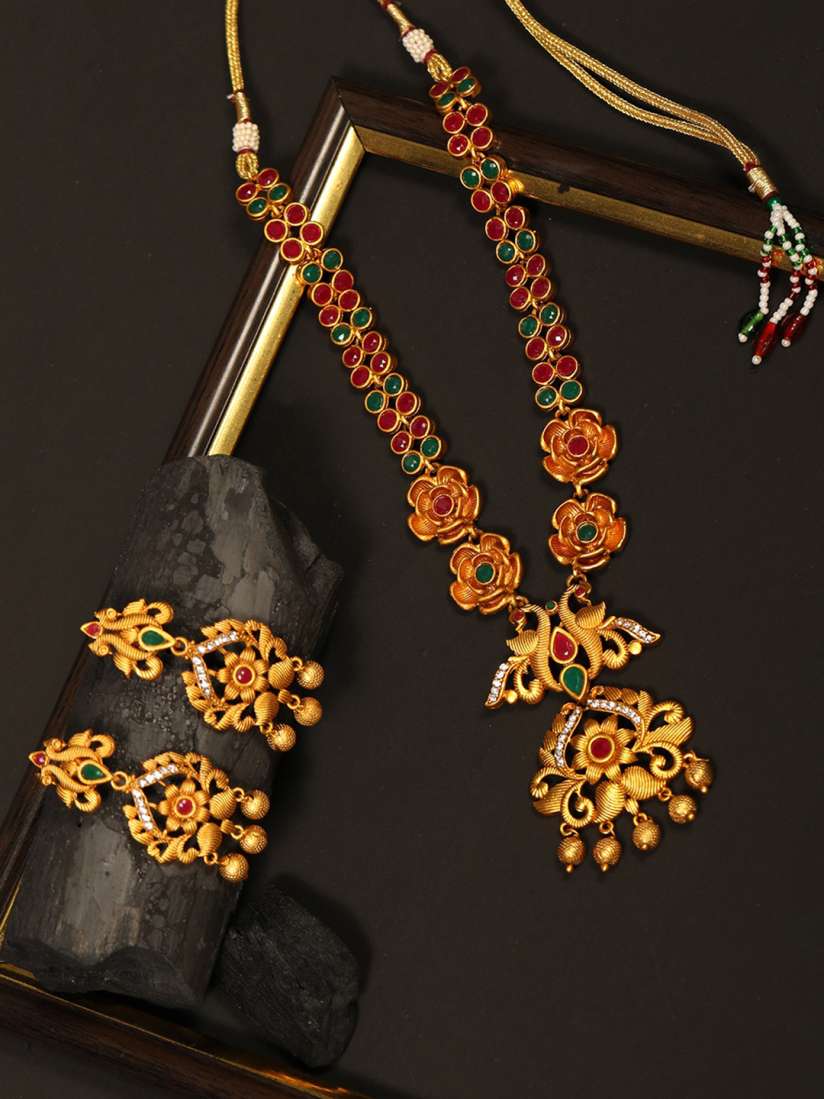 Buy Priyaasi Pink Green Gold Plated Stone Studded Peacock Shaped Handcrafted Jewellery Set Jewellery Set for Women 12493392 Myntra