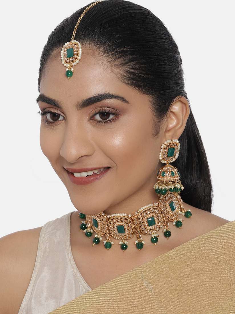 Buy Zaveri Pearls Green Gold Plated Stone Studded Beaded Wedding Jewellery Set Jewellery Set for Women 13630850 Myntra
