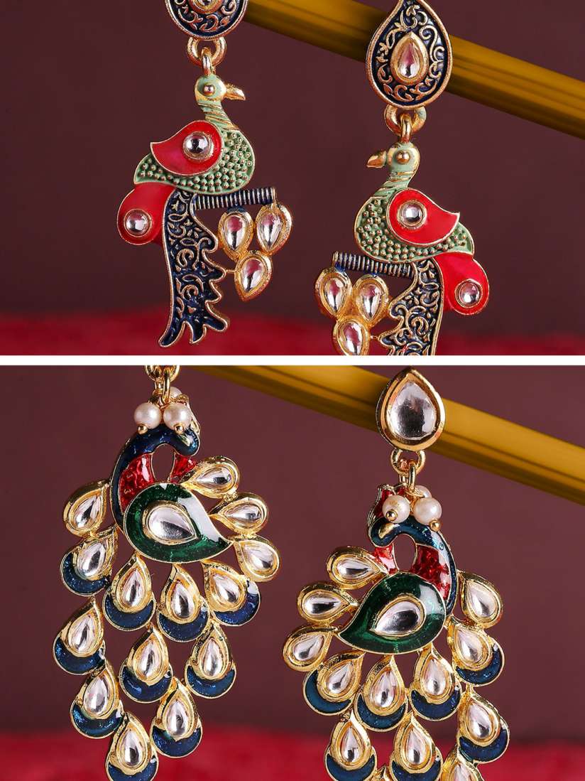 Buy OOMPH Green Set Of 2 Meenakari Enamel With Kundan Peacock Design Ethnic Drop Earrings Earrings for Women 16005298 Myntra
