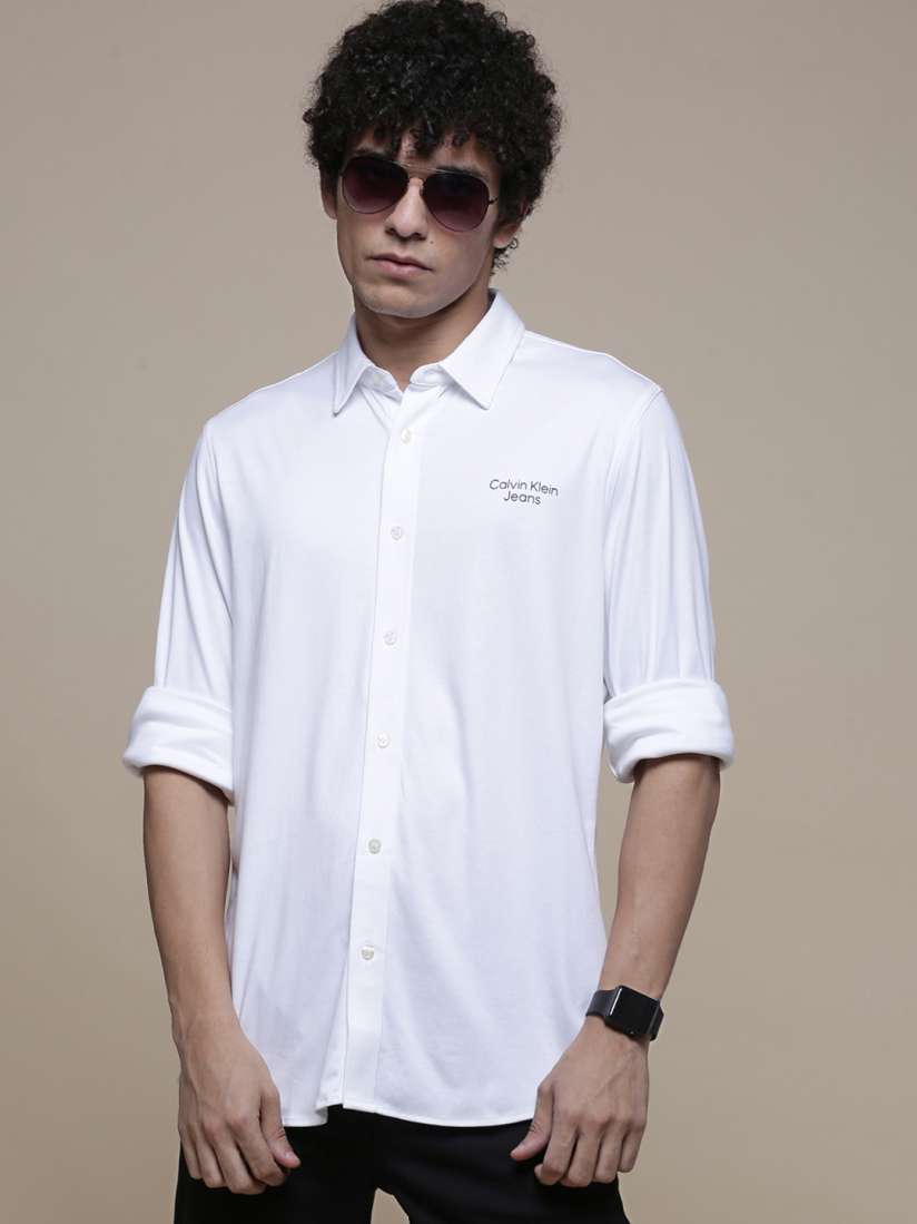 Calvin Klein Jeans Men White Slim Fit Brand Logo Printed Casual Shirt