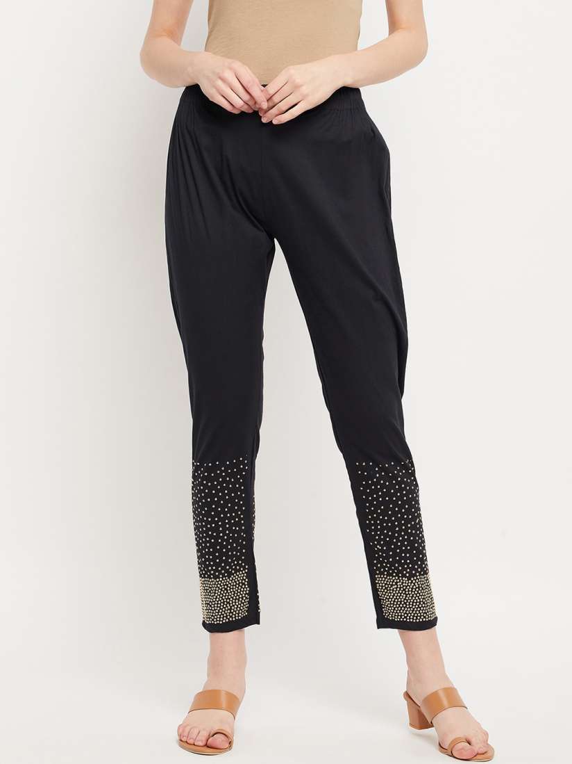 Buy Clora Creation Women Black Floral Embellished Smart Slim Fit Easy Wash Cigarette Trousers Trousers for Women 17726604 Myntra