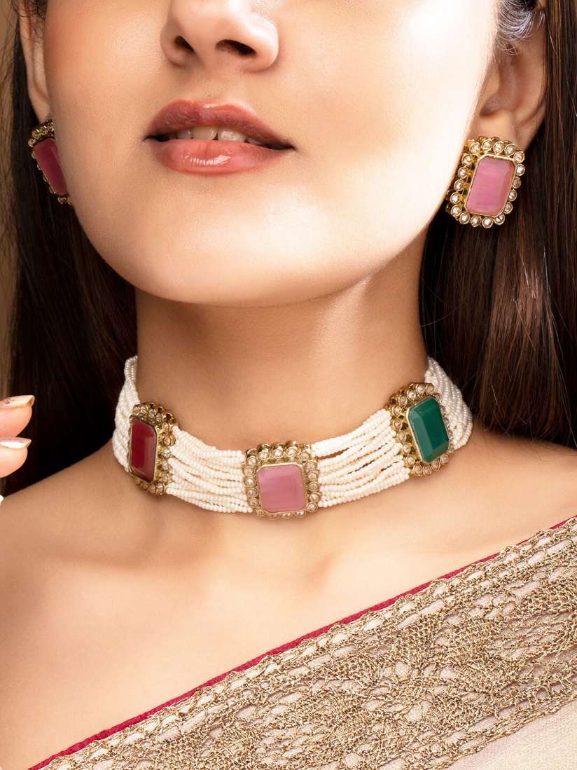 Buy Rubans Gold Toned Choker Necklace Set With White Multilayered Beads. Jewellery Set for Women 18021034 Myntra
