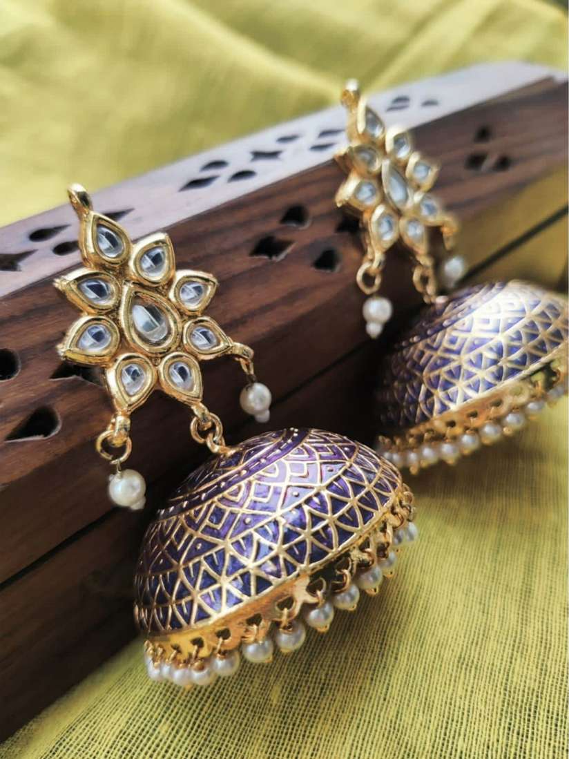 Buy FIROZA Purple Gold Toned Handpainted Stone Studded Jhumkas Earrings for Women 1928715 Myntra