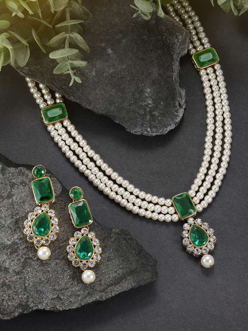 Buy Peora Green White Gold Plated Kundan Long Necklace Earring Jewellery Set Jewellery Set for Women 19650496 Myntra