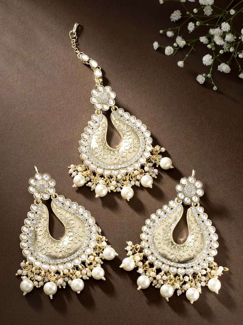 Buy Peora White Gold Plated Kundan Faux Pearls Studded Earrings Maang Tikka Jewellery Set Jewellery Set for Women 20238200 Myntra