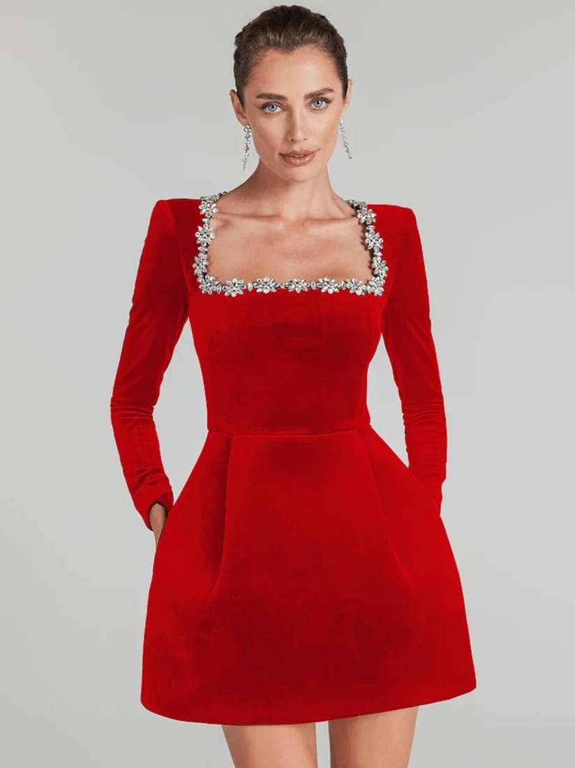 square neck velvet red mini dress Buy To Queens Women Square Neck ...