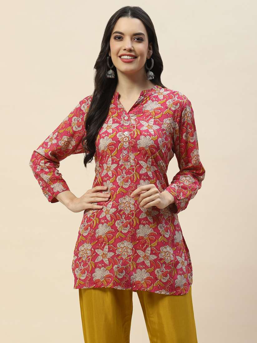 Buy Meena Bazaar Floral Printed Mandarin Collar Cotton Straight Kurti Kurtis for Women 27035338 Myntra