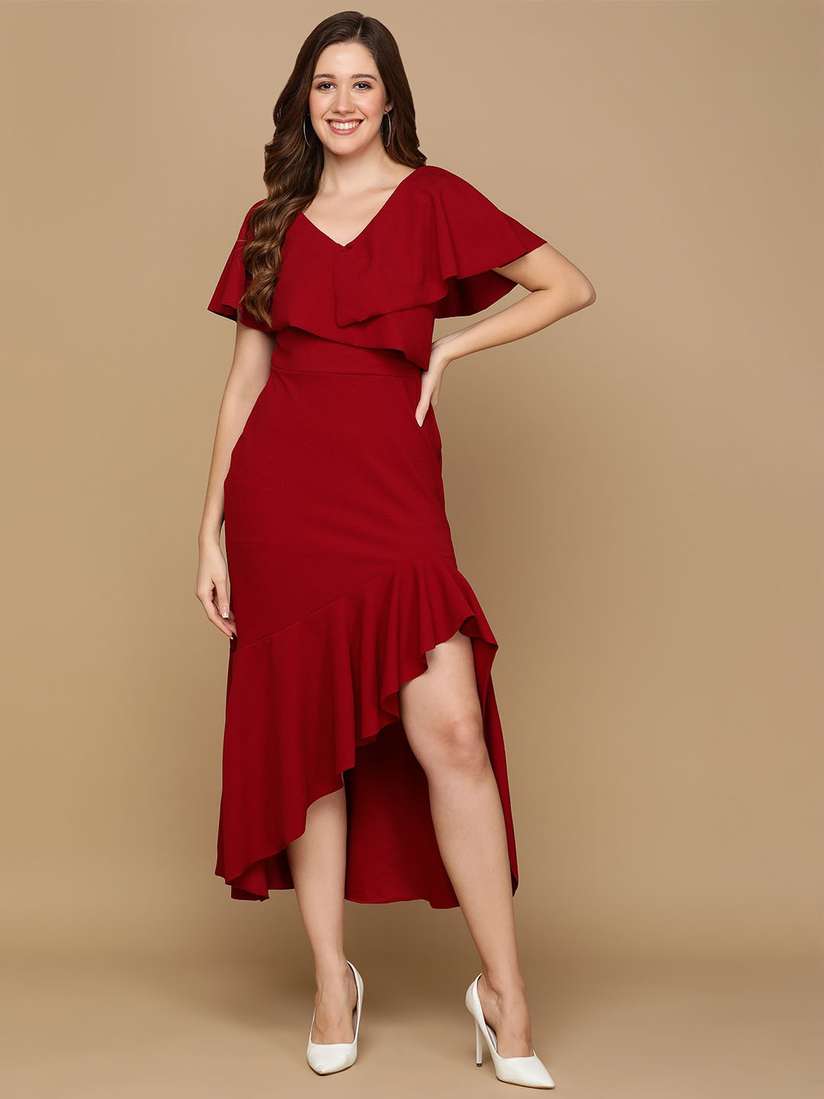 V Neck Cheap High Low Dresses Hot Pink High Low Frill Hem V Neck Midi ...