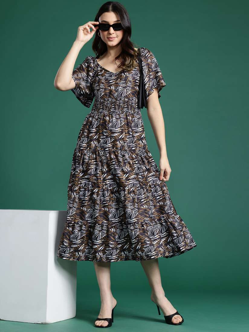 Buy DressBerry Abstract Print Tiered A Line Midi Dress Dresses for Women 28575444 Myntra