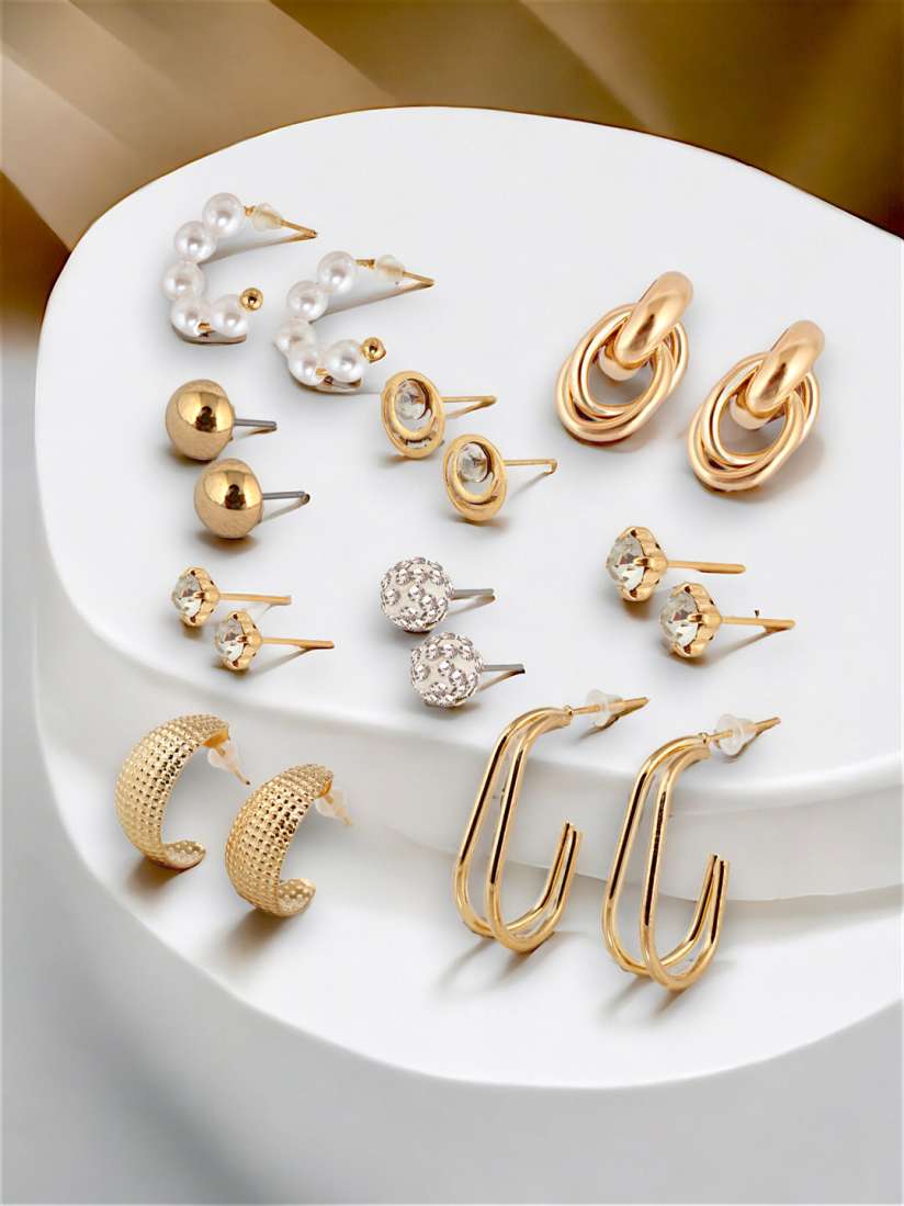 Buy LUCKY JEWELLERY Set of 9 Gold Plated Studs Hoop Earrings Earrings for Women 29390300 Myntra