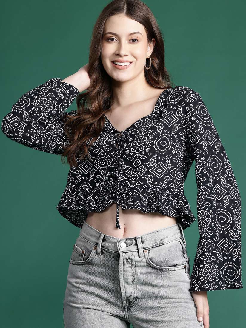 Buy DressBerry Printed Flared Sleeve Cotton Front Tie Ups Crop Top Tops for Women 29893871 Myntra