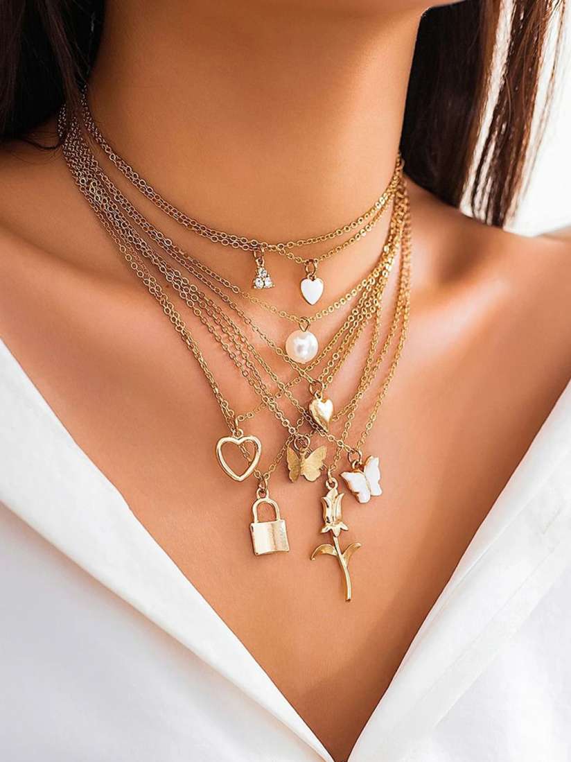 Buy Jewels Galaxy Set of 9 Gold Plated Layered Necklace Necklace and Chains for Women 30039611 Myntra