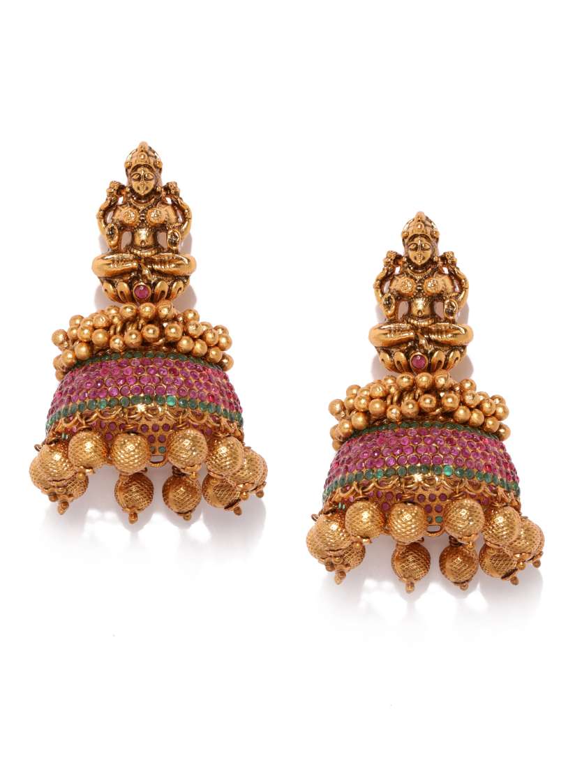 Buy Kushal s Fashion Jewellery Gold Toned Maroon Antique Style Jhumkas Earrings for Women 7007413 Myntra