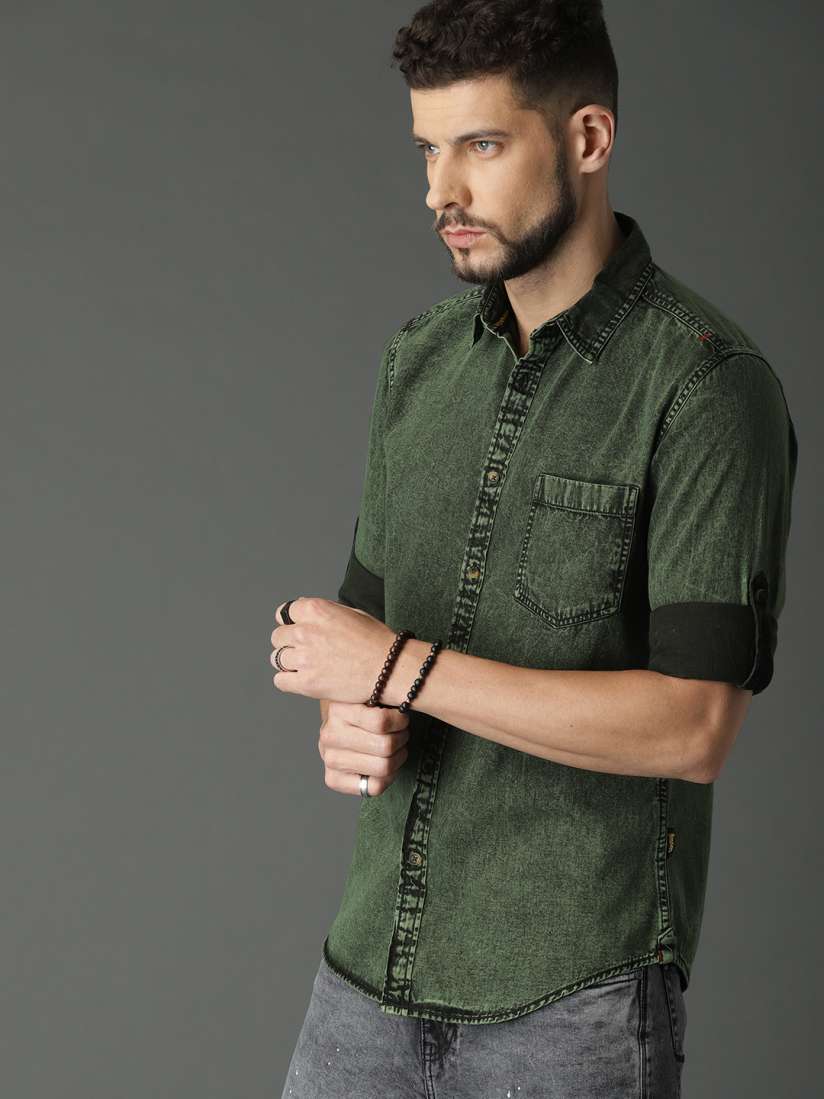 Buy Roadster Men Olive Green Regular Fit Vintage Acid Wash Denim Shirt Shirts for Men 8218065 Myntra