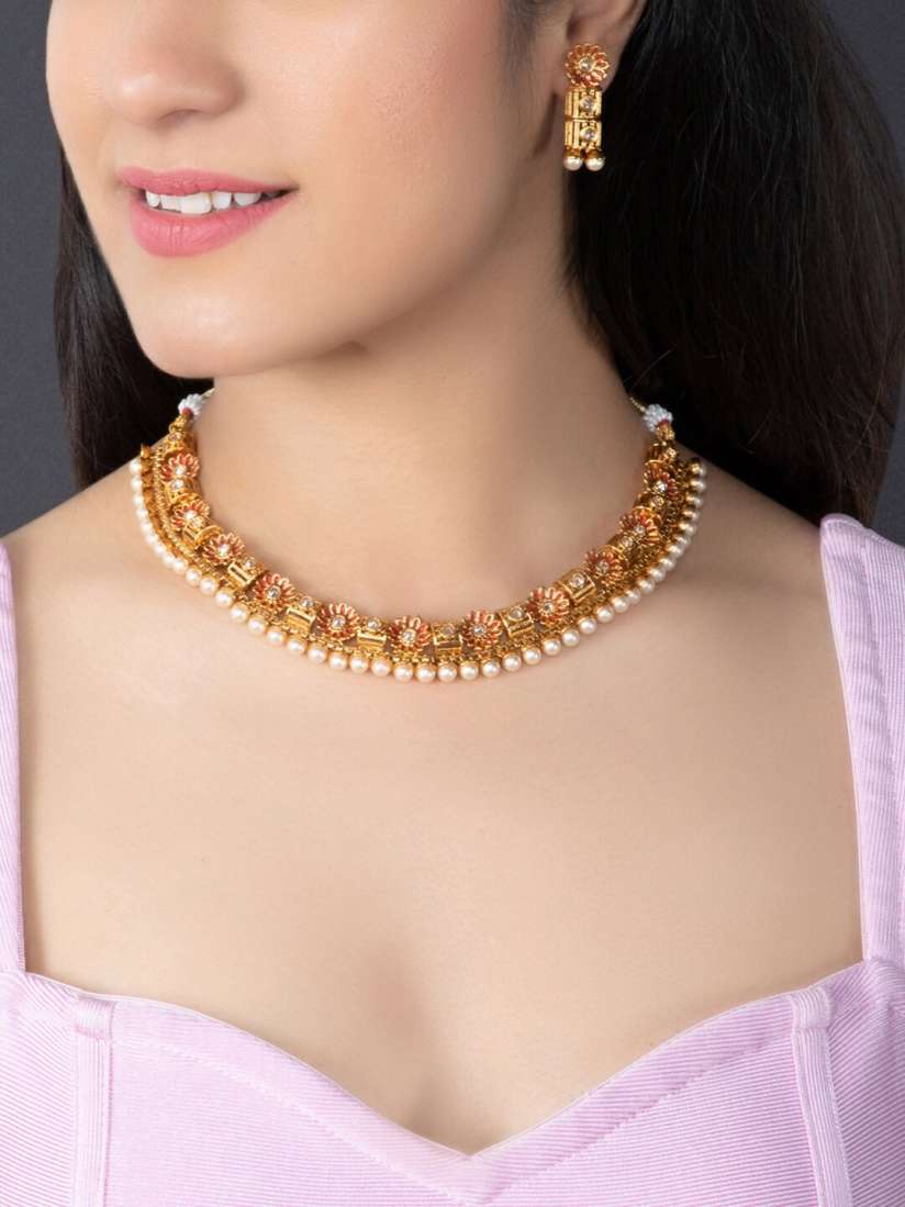 Buy Rubans Women Gold Plated Red Handpainted Stone Studded With Pearls Jewellery Set Jewellery Set for Women 8802347 Myntra
