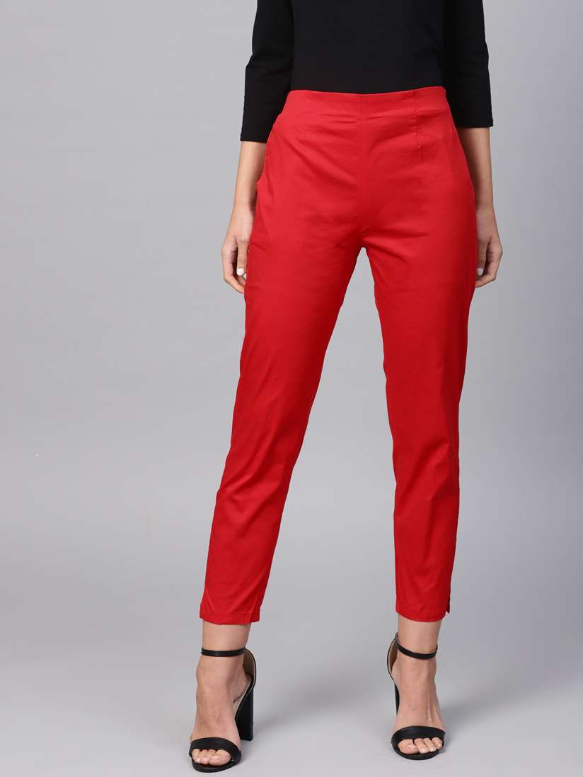 Buy SOJANYA Women Red Slim Fit Solid Cropped Trousers Trousers for Women 9088943 Myntra