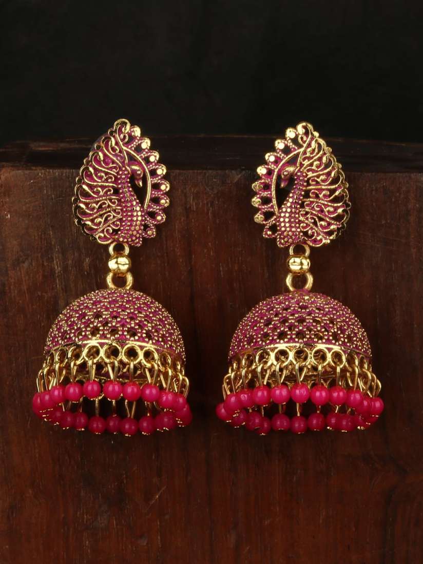 Buy ANIKAS CREATION Magenta Gold Plated Dome Shaped Jhumkas Earrings for Women 13105130 Myntra